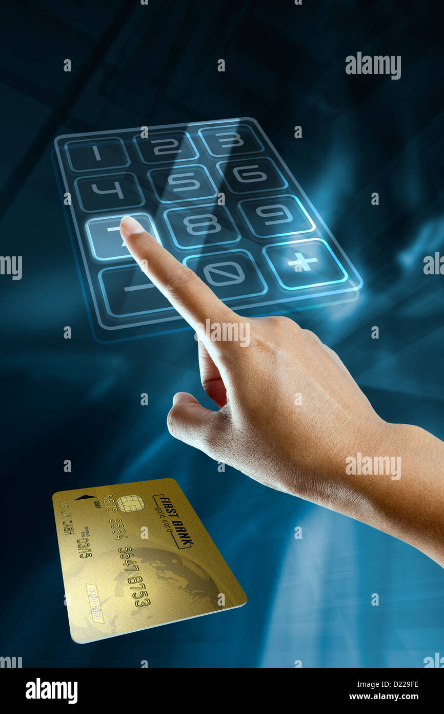 A woman finger type a digital code, to take cash money with a ATM on a ...