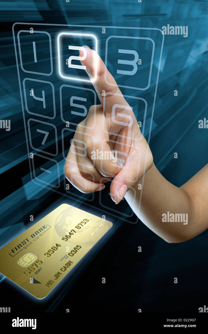 A woman finger type a digital code, to take cash money with a ATM on a ...