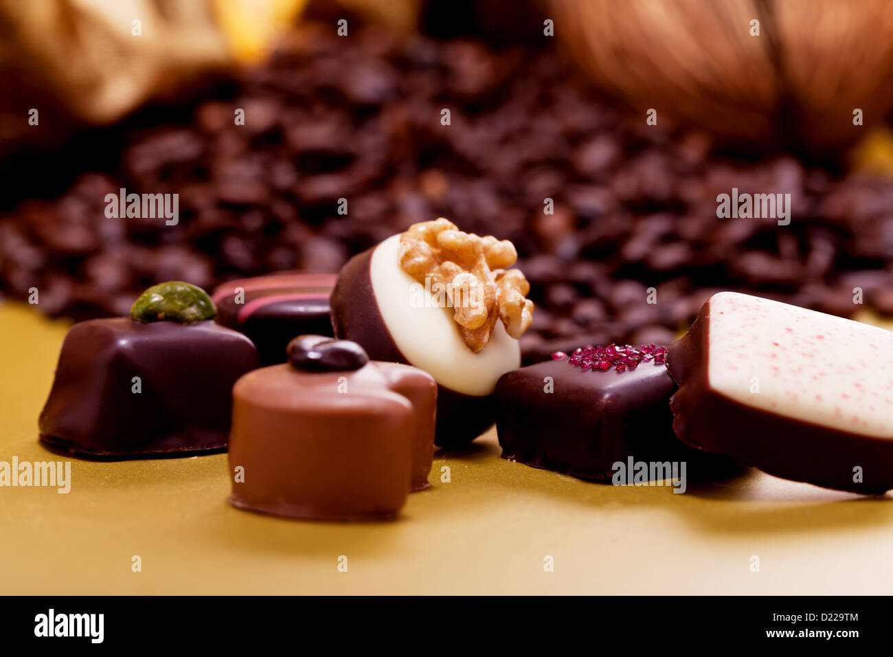 collection of different sweet chocolate pralines closeup background ...