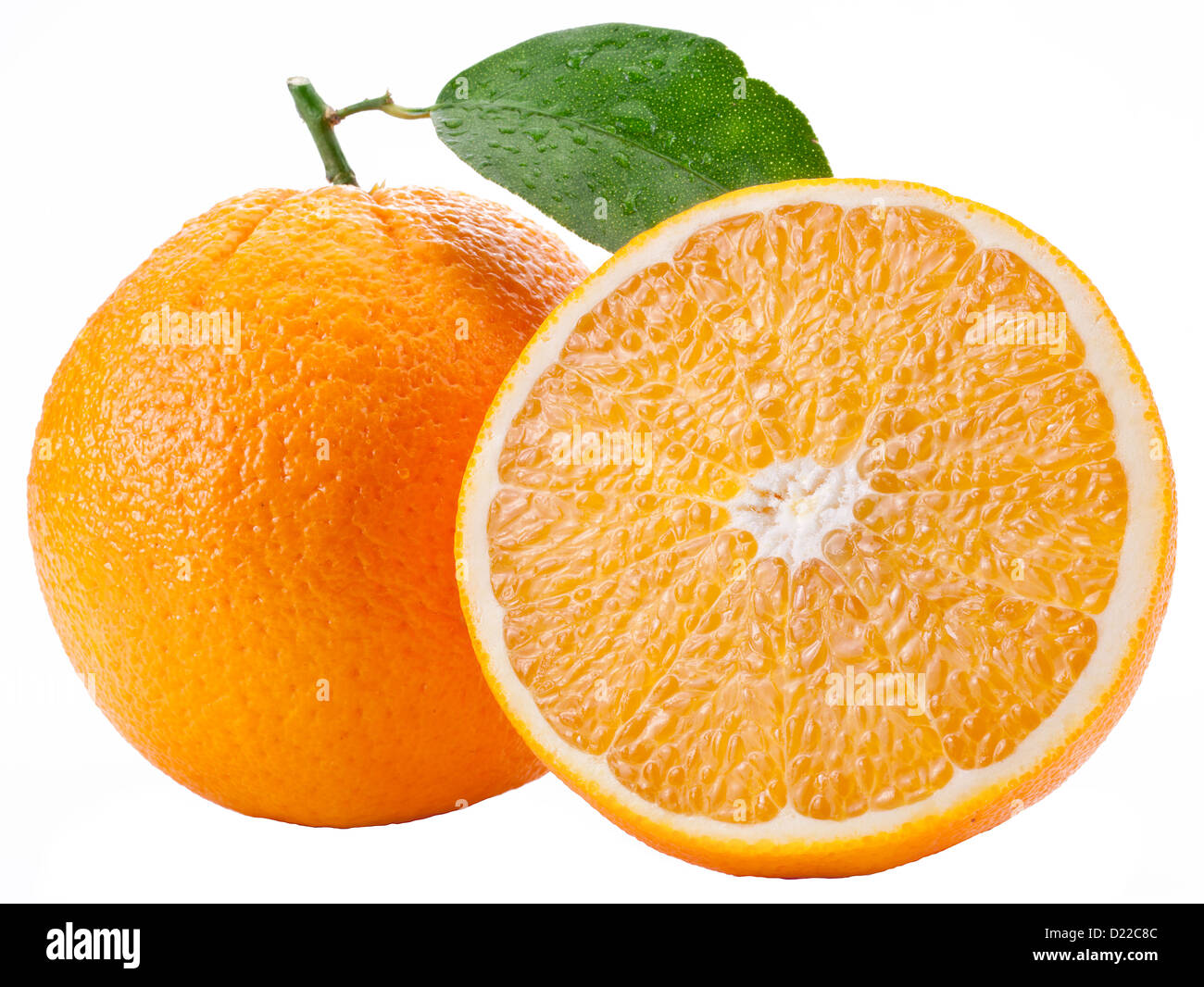 Orange with leaf on a white background Stock Photo - Alamy