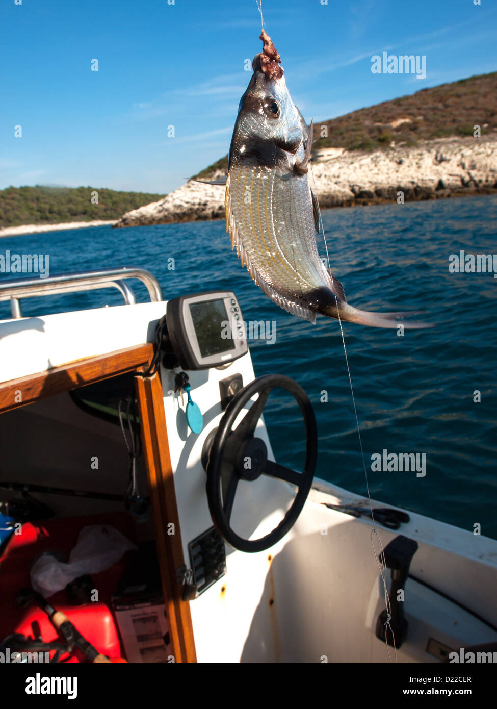 fish on the hook on the fishing boat Stock Photo - Alamy