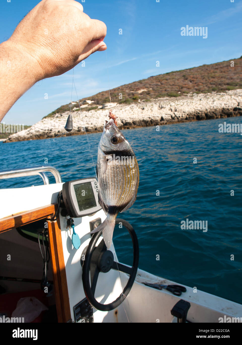 fish on the hook on the fishing boat Stock Photo - Alamy