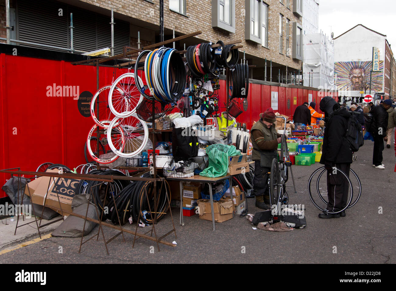 Market stall selling bicycles parts and accessories, Brick Lane Market ...