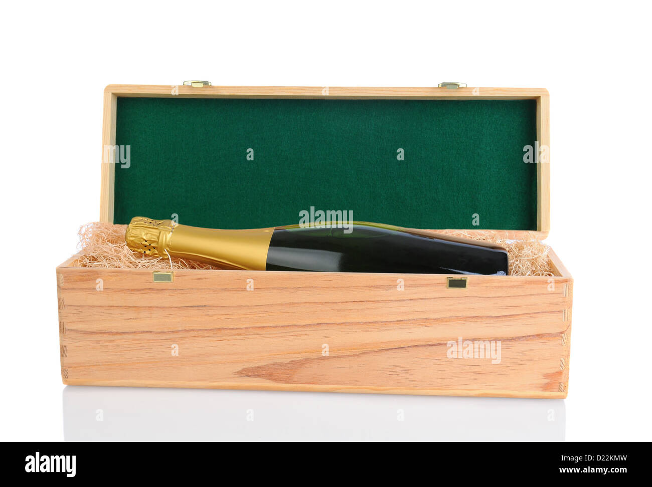 A Champagne Bottle laying inside a gift box with excelsior and lid ...