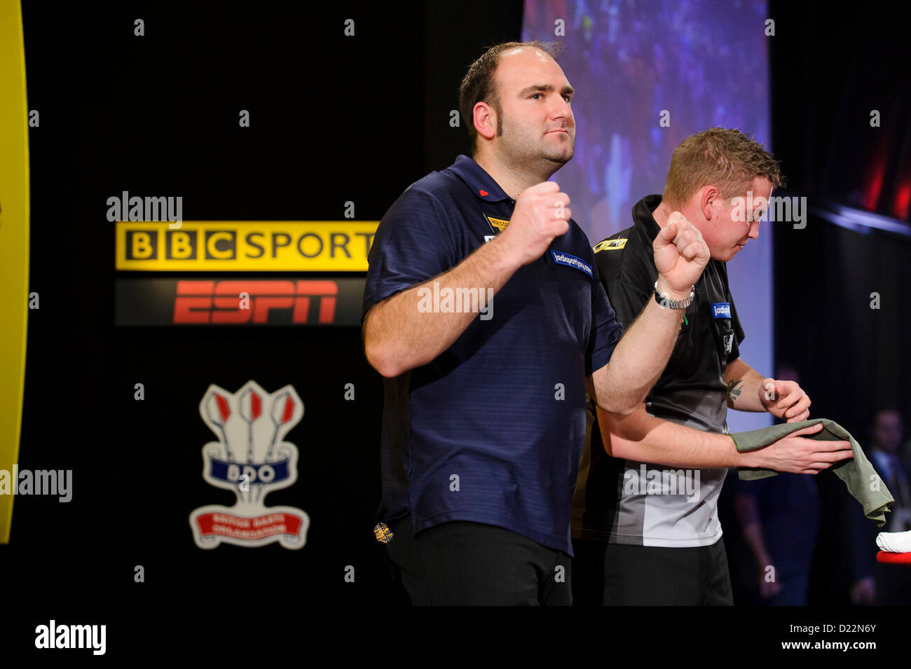 Frimley Green, UK. 12th January 2013. Scott Waites celebrates winning ...