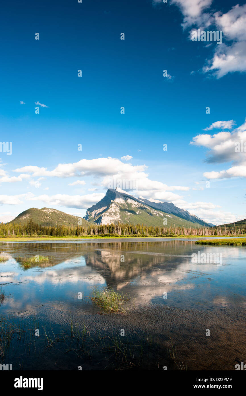 Mount Rundle with blue sky reflecting in Vermilion Lakes at Banff ...