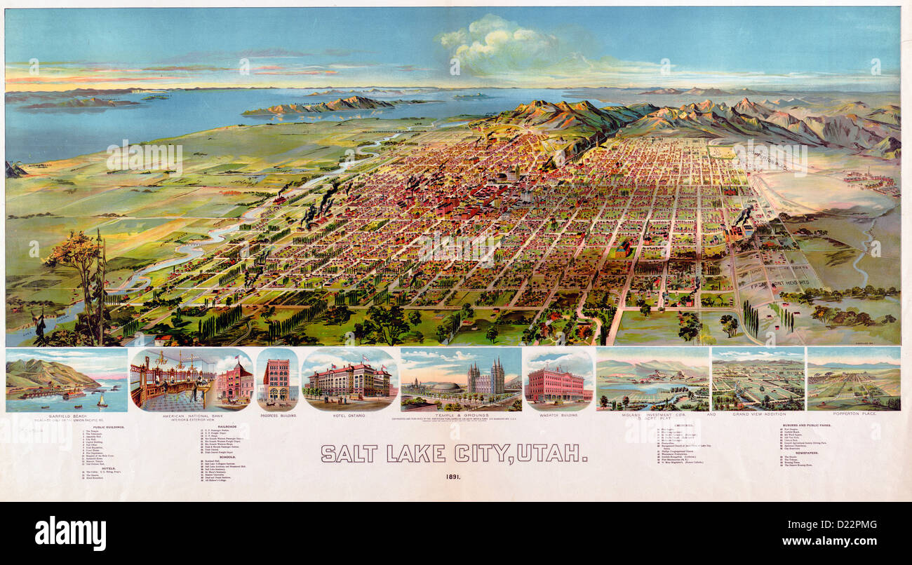 Birds eye view of Salt Lake City, Utah 1891 Stock Photo - Alamy