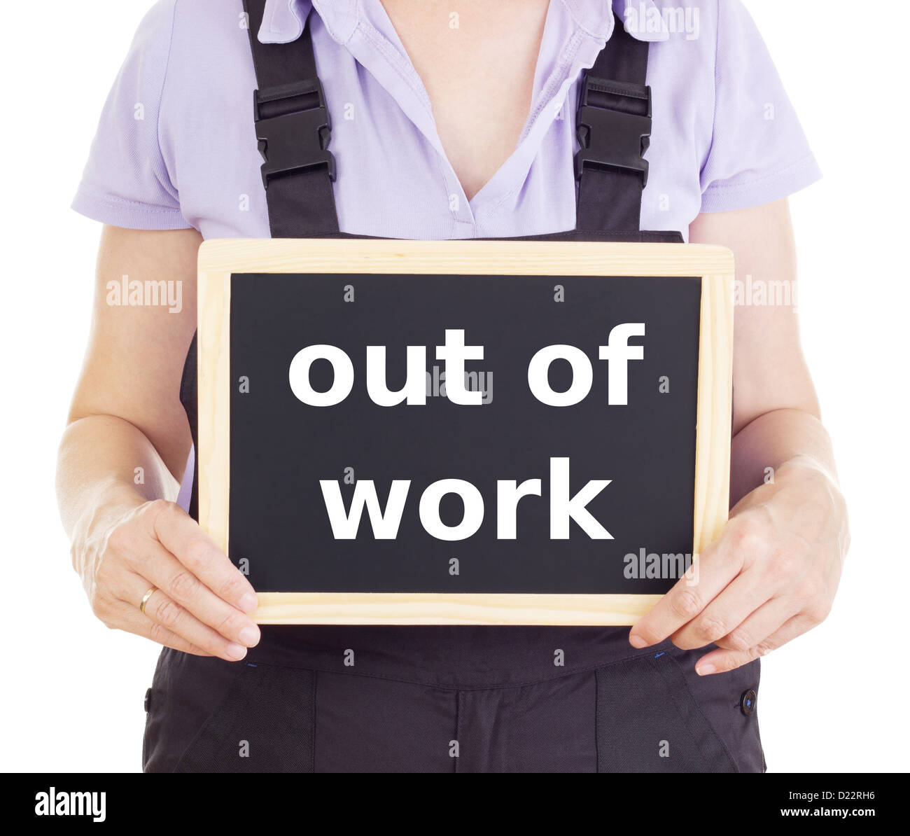 Craftsperson with blackboard: out of work Stock Photo - Alamy