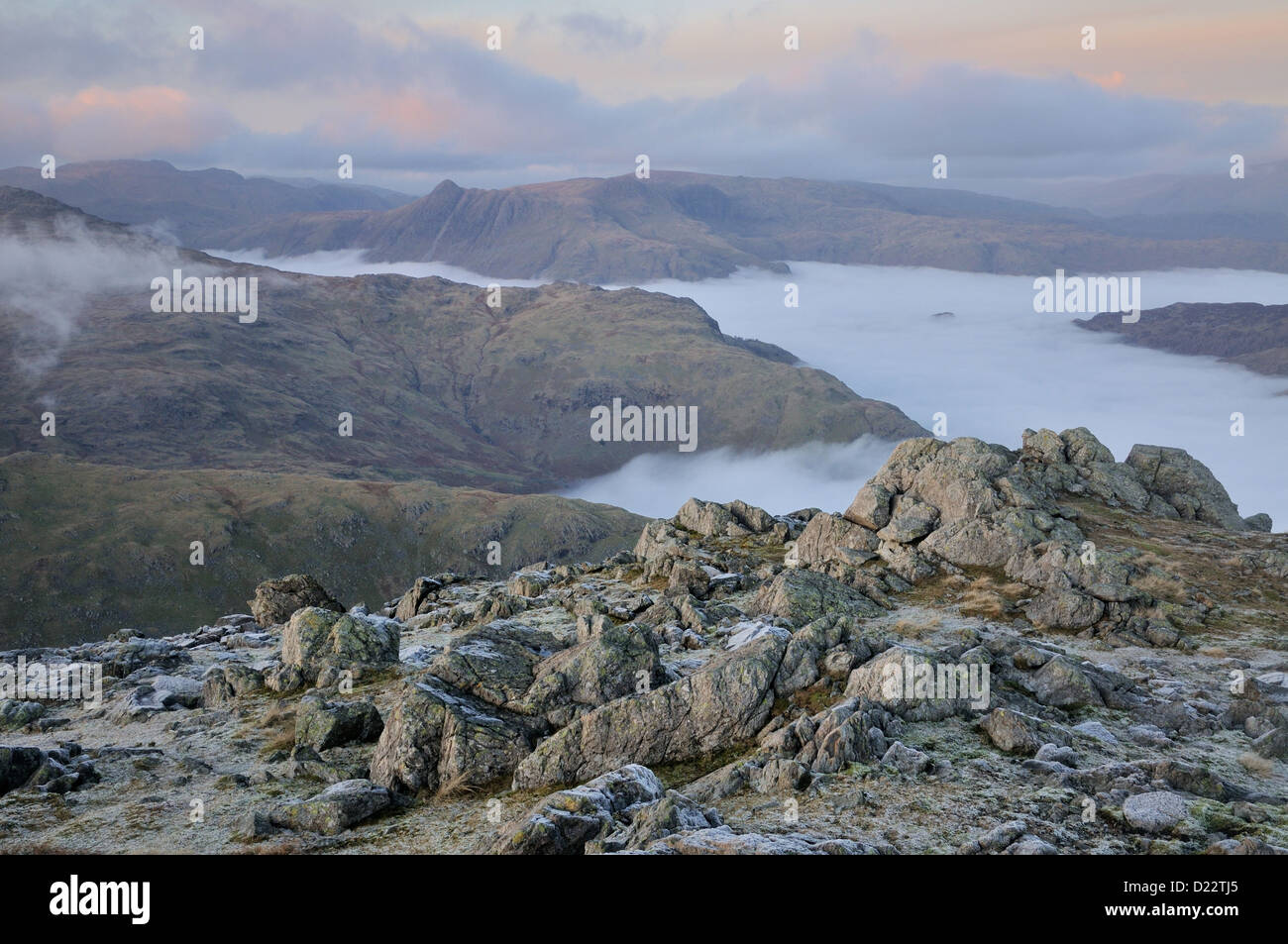 View from the summit of Wetherlam at dusk. Looking over a temperature ...