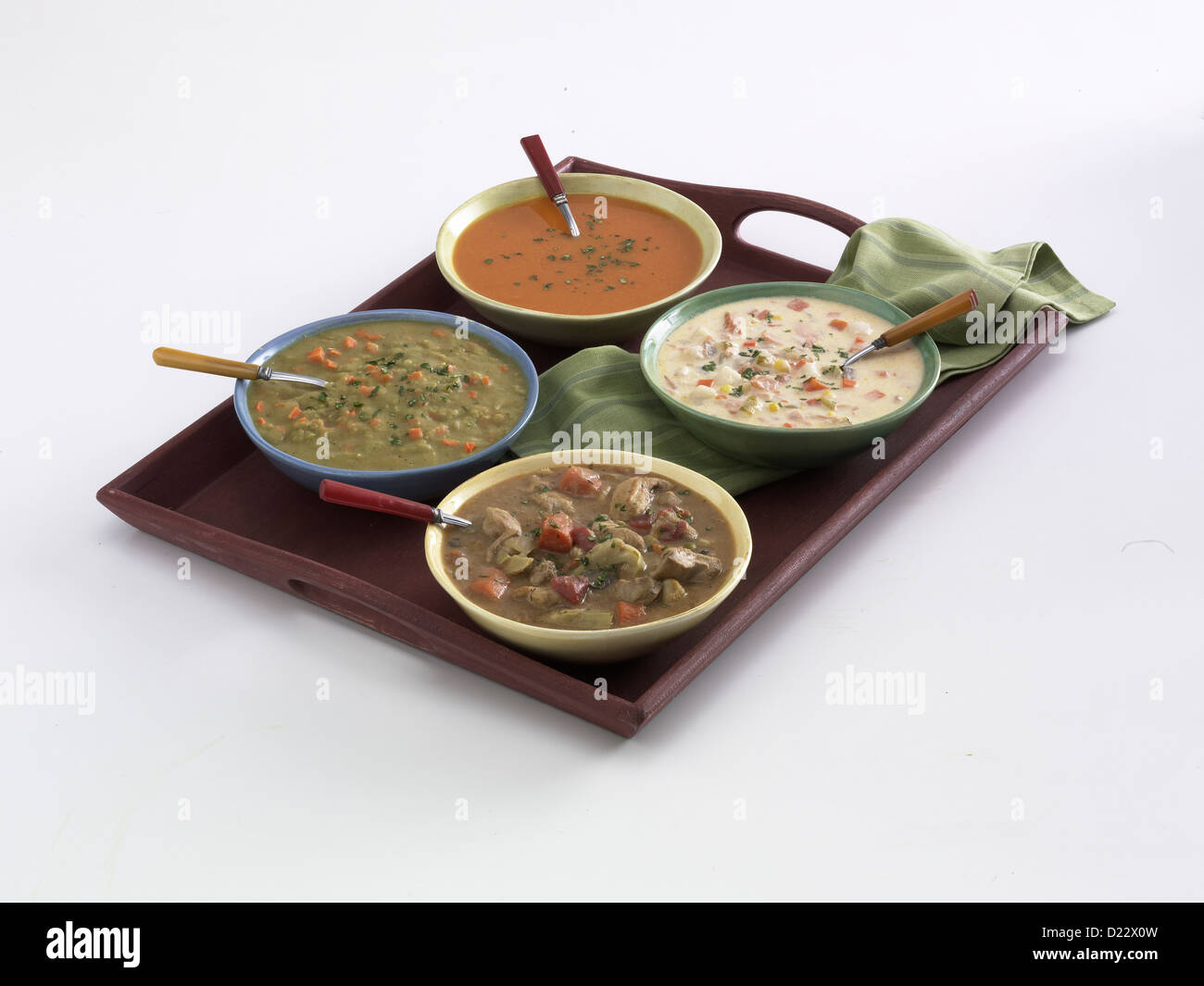 Assorted soups on tray Stock Photo - Alamy