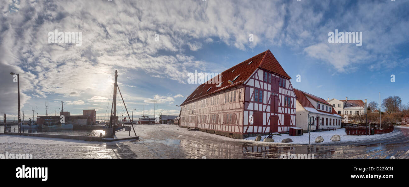 Lundeborg harbor in Denmark with half-timbered houses Stock Photo - Alamy