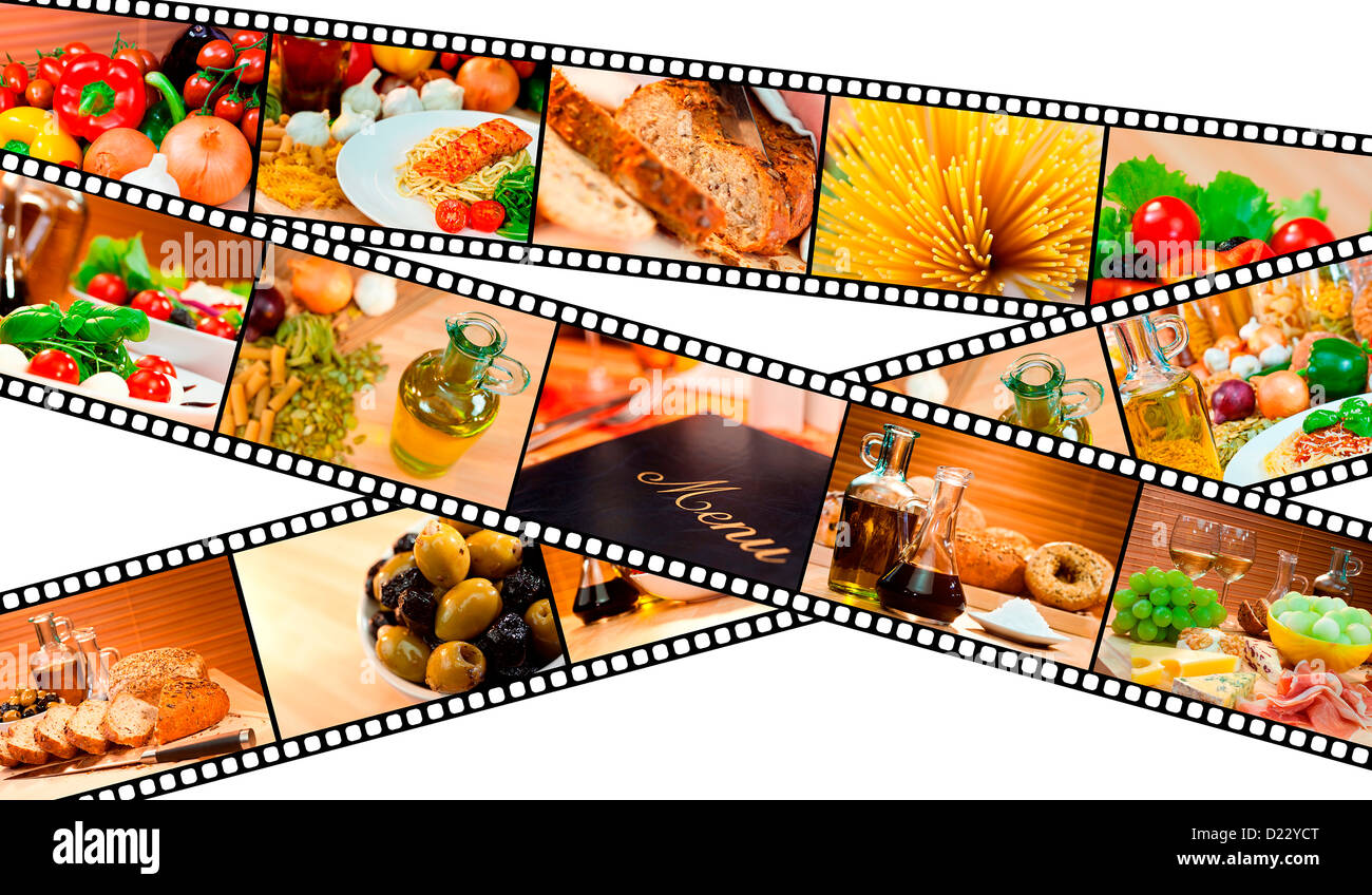 A film strip montage of a menu and healthy fresh food breads, olives ...