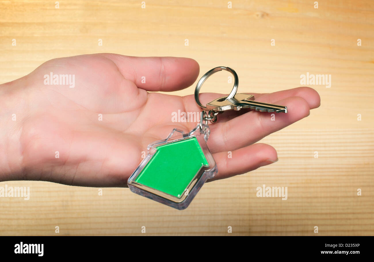 Keychain with figure of green house. Hand holding key and Keychain ...