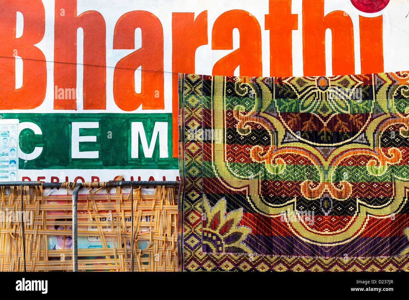 Indian floor rug hanging on a washing line. Andhra Pradesh, India Stock ...