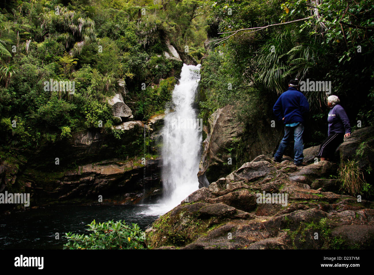 Visitors in front of Wainui Falls, a kilometre inland from Tata Beach ...