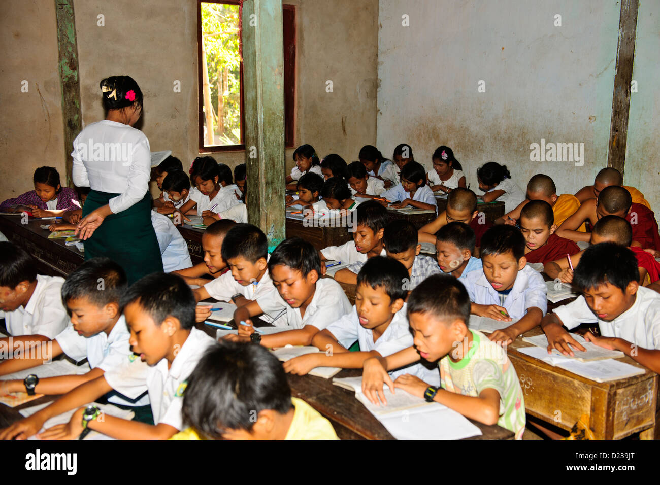 School Children and Buddhist Monks being taught,Mon Village near Bago ...