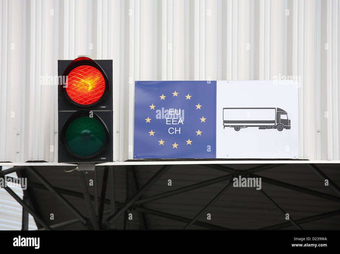 Koroszczyn, Poland, the traffic light is red at the truck terminal ...