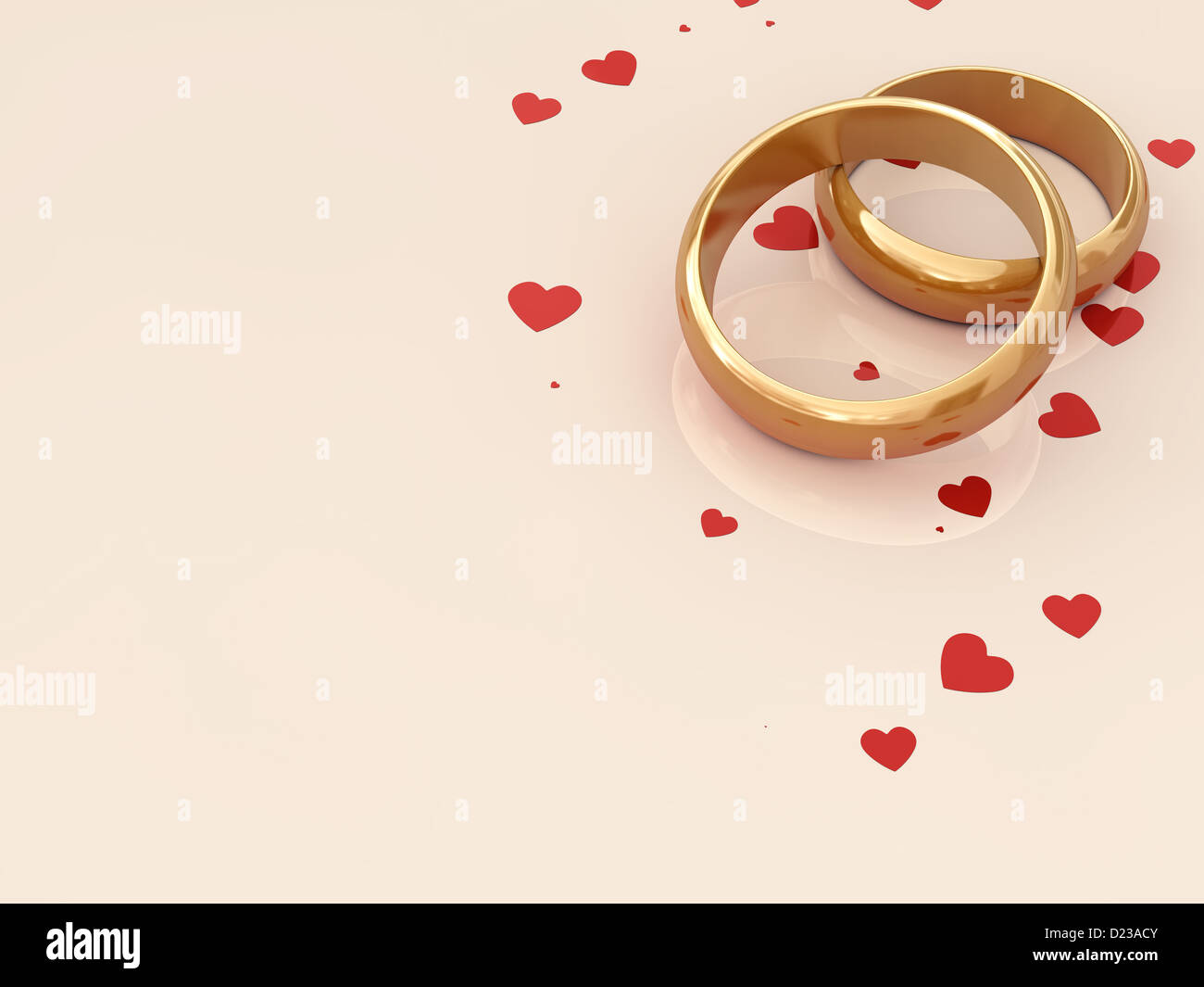 Golden wedding rings on beige background with red hearts with copy ...