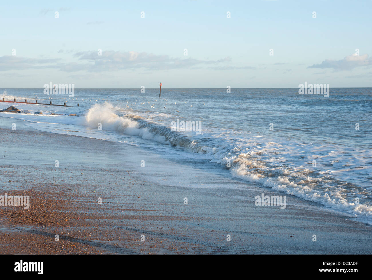 Wooden groynes on a beach in Rustington, West Sussex, UK Stock Photo ...