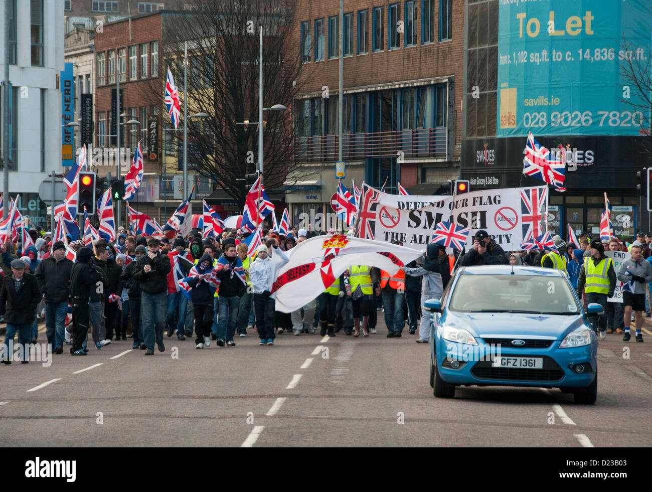 Belfast, UK. 12th Jan, 2013. After holding a protest at Belfast City ...