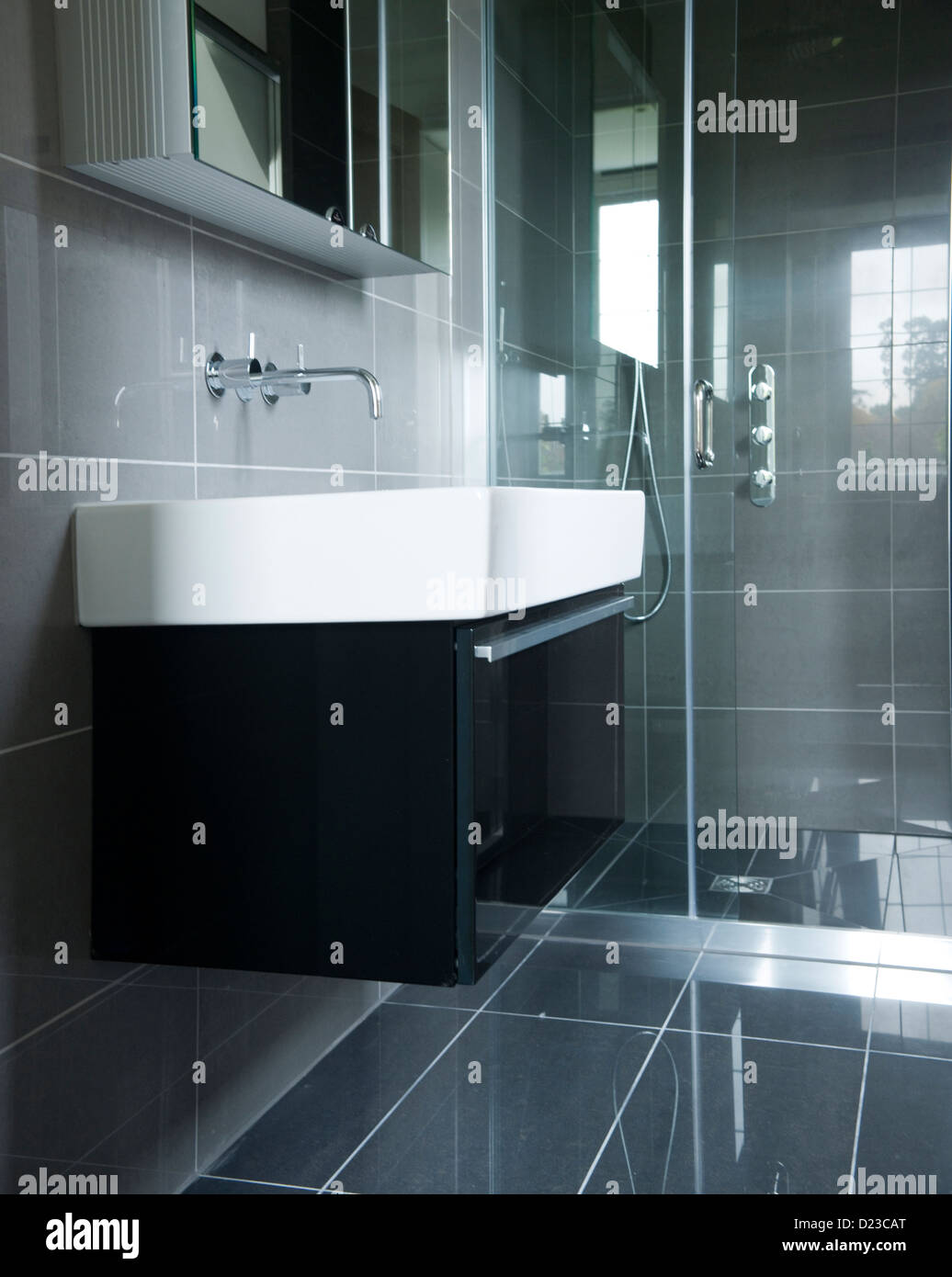 A bathroom interior with sink and shower unit Stock Photo - Alamy