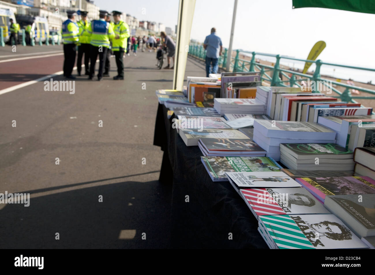 A book stand selling socialist and left wing literature at a protest in ...