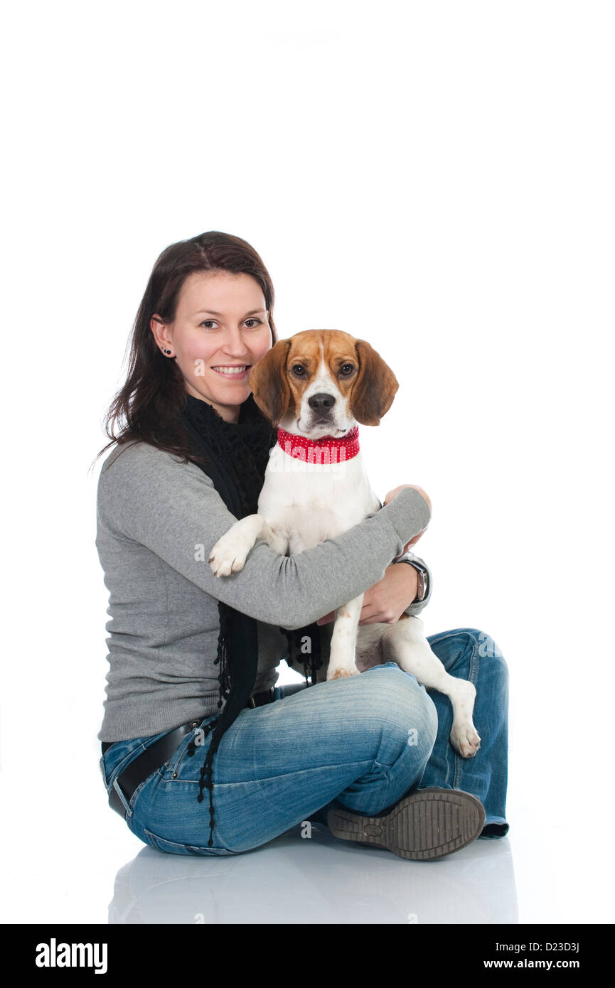 Woman with beagle dog isolated on white Stock Photo - Alamy