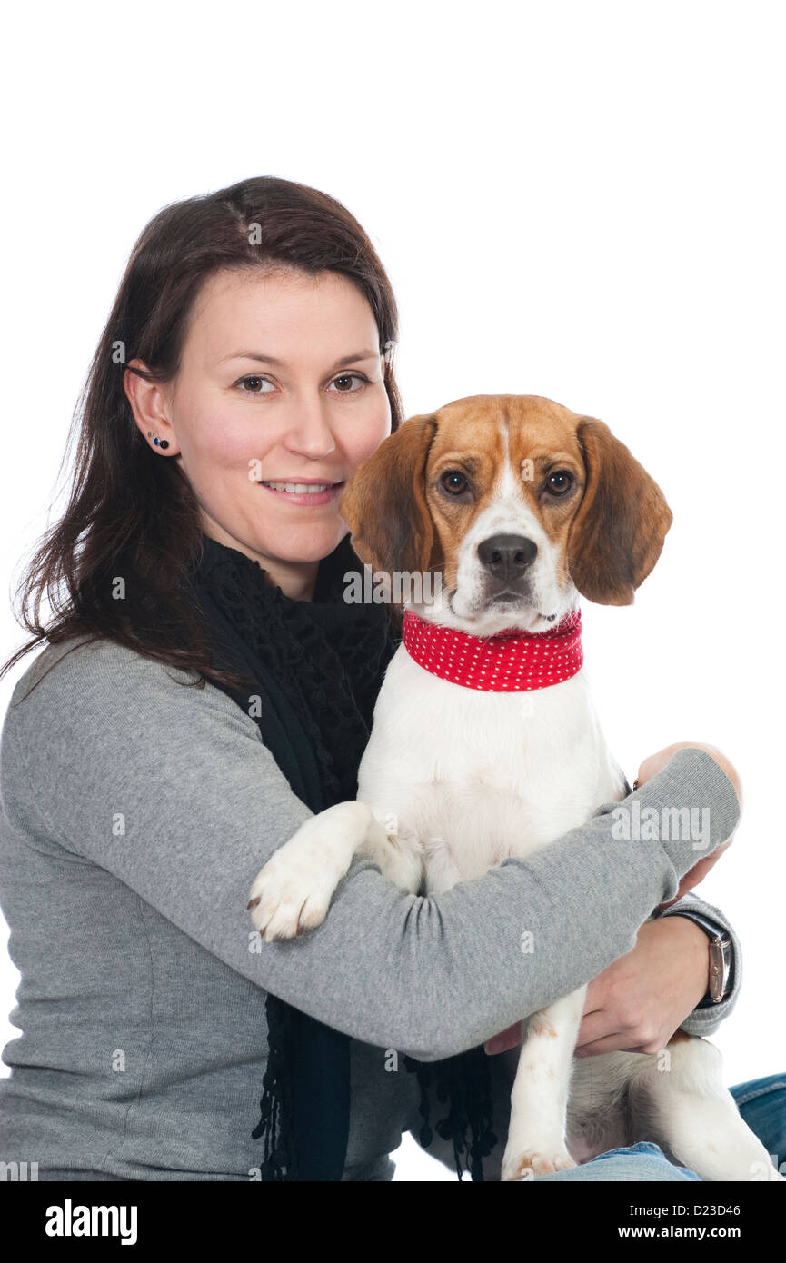 Woman with beagle dog isolated on white Stock Photo - Alamy