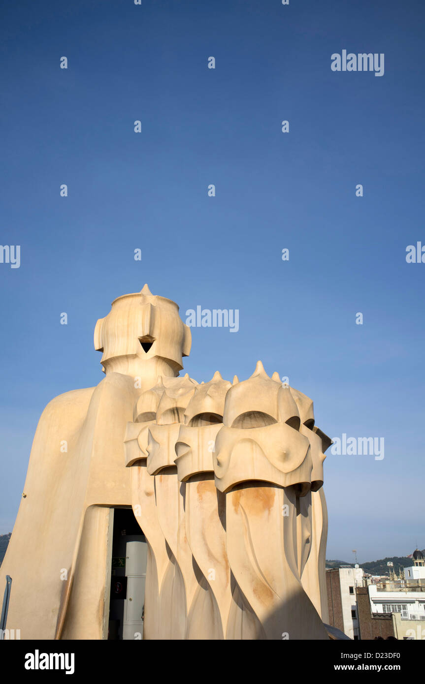 Carved chimneys on the roof of the Casa Milà (La Pedrera), Barcelona ...