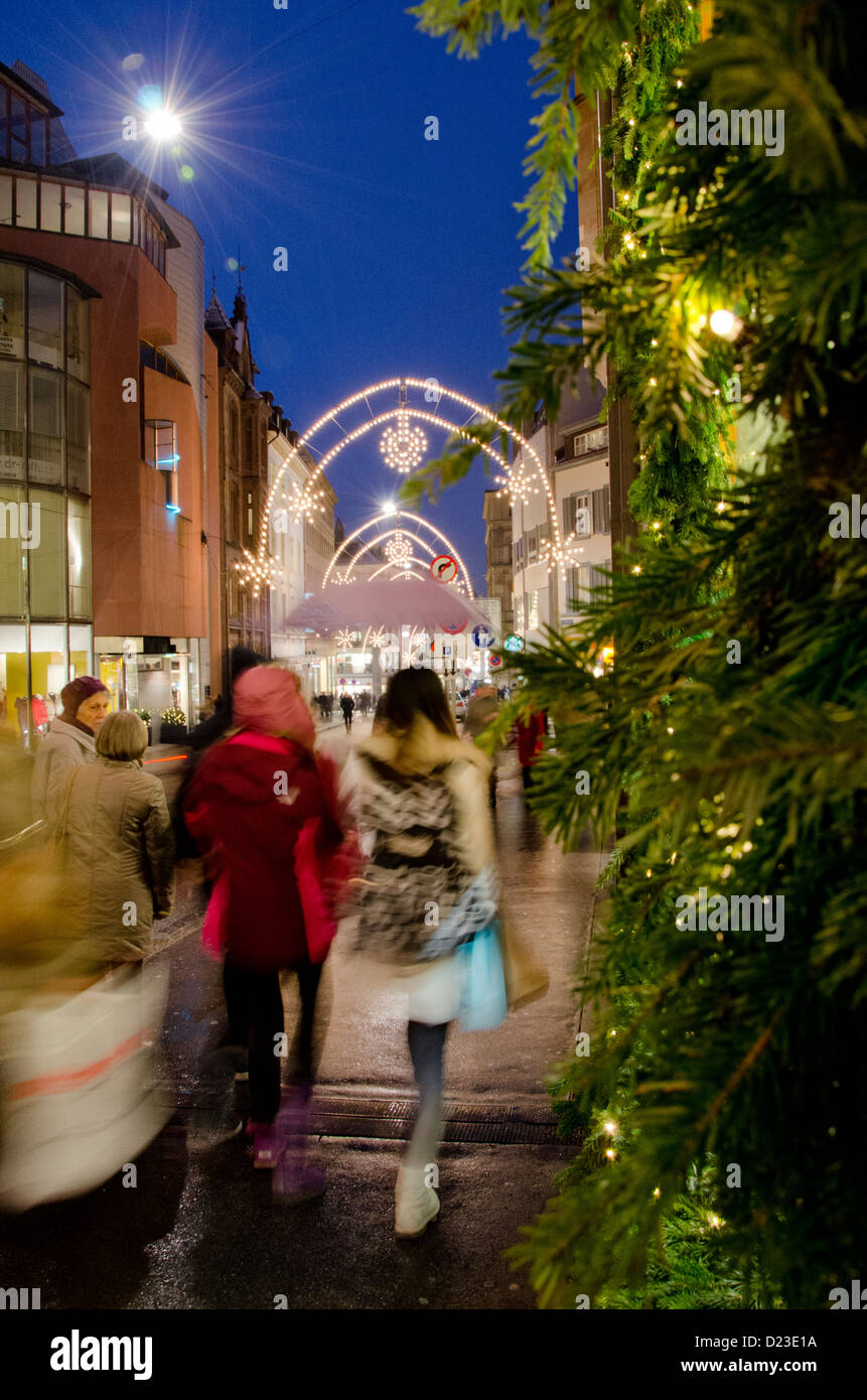 Switzerland, Basel. Holiday lights on Freie Strasse, near Munsterplatz ...