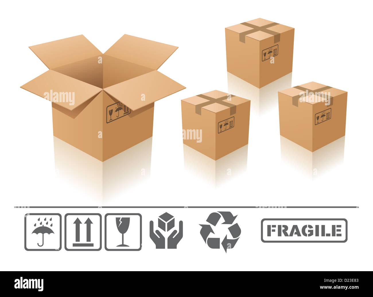 open and closed Cardboard box with fragile sign on white background ...