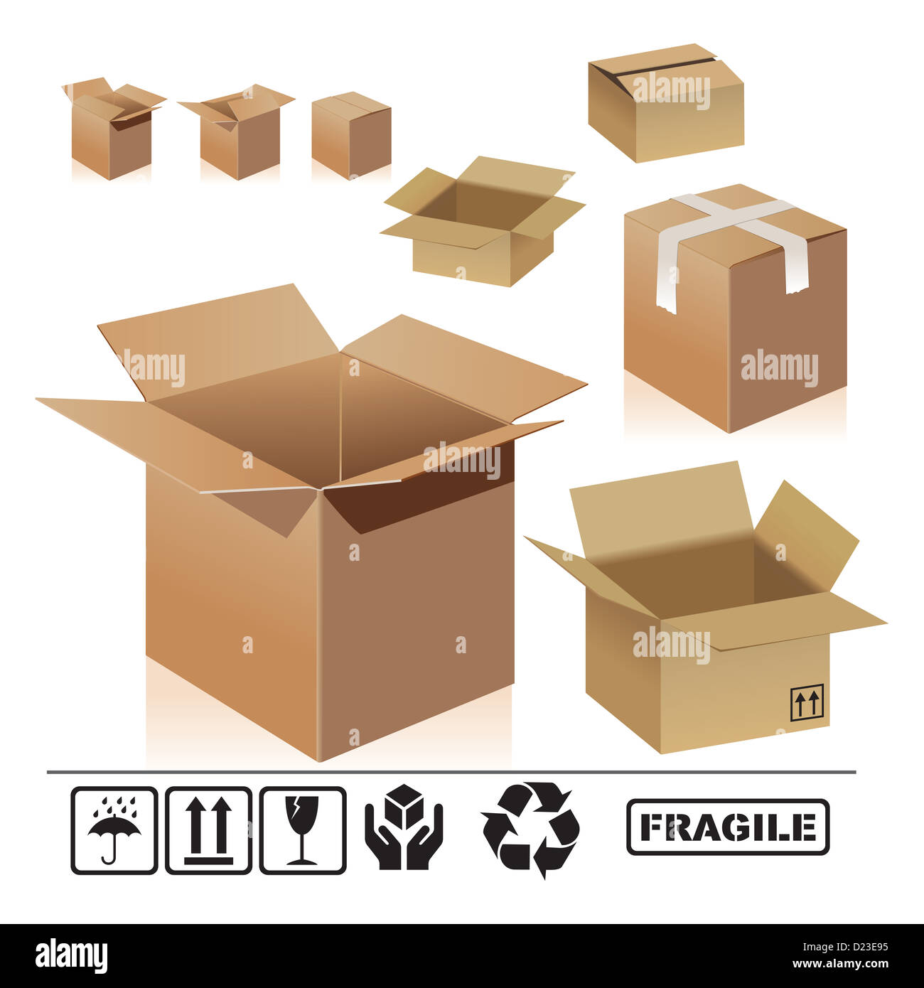 different shape of cardboard boxes on white background. Open and closed ...