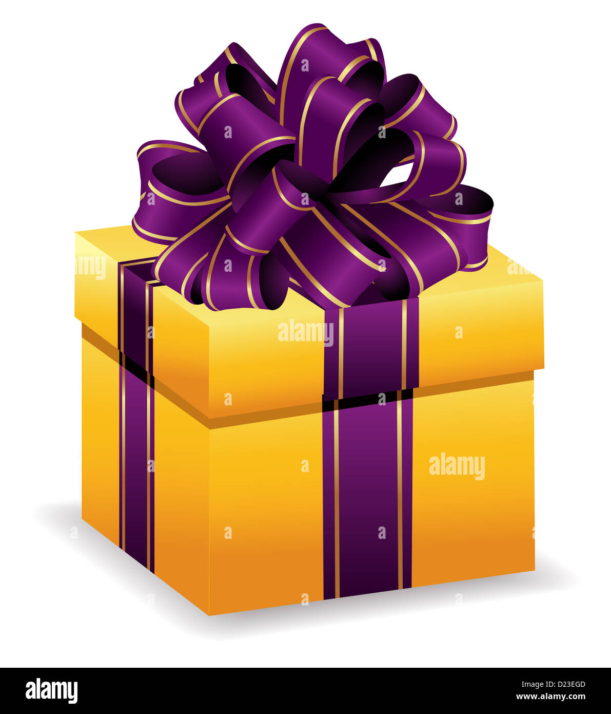 yellow gift box with purple ribbon isolated on white background Stock ...