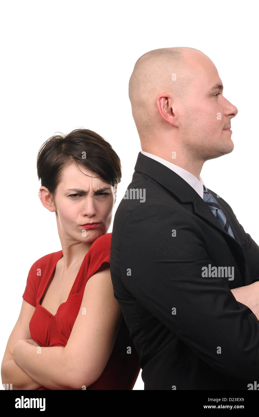 Woman and man standing back to back isolated on white background Stock ...