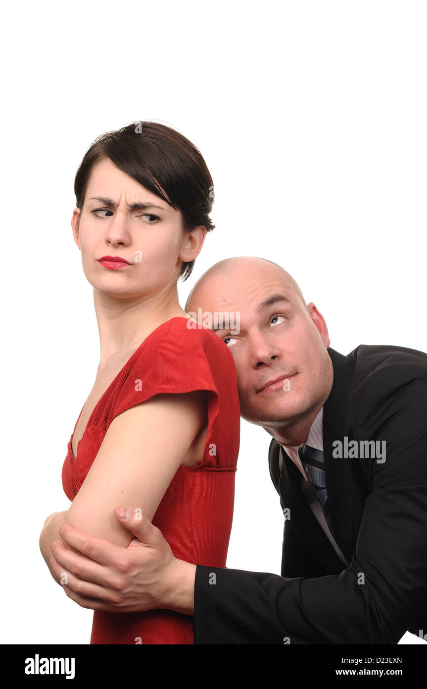 Man apologizes to woman isolated on white background Stock Photo - Alamy