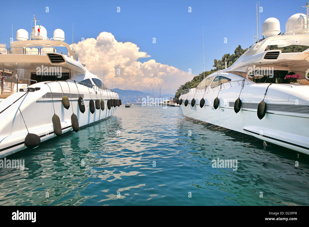 Two big white luxury yachts ancored at the bay of Portofino on ...