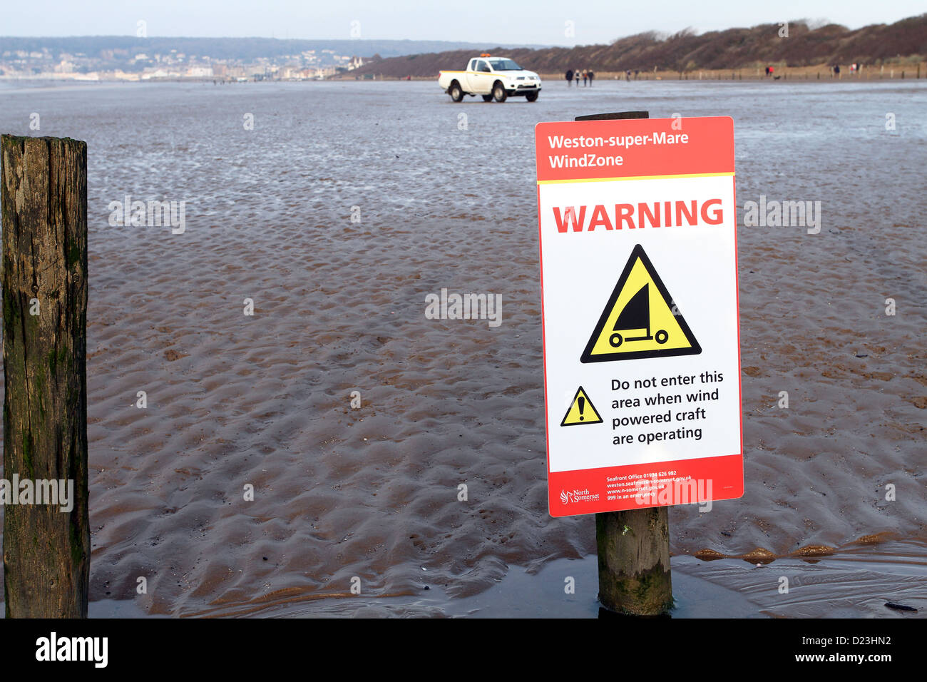 Sail boarding danger warning sign in the beach at Uphill, Weston super ...