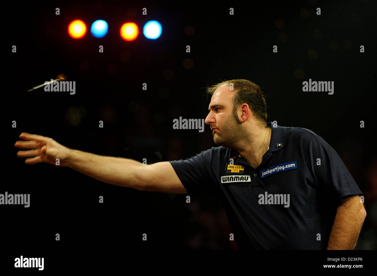 13.01.2013 Frimley Green, England. Scott Waites throws against Tony O ...