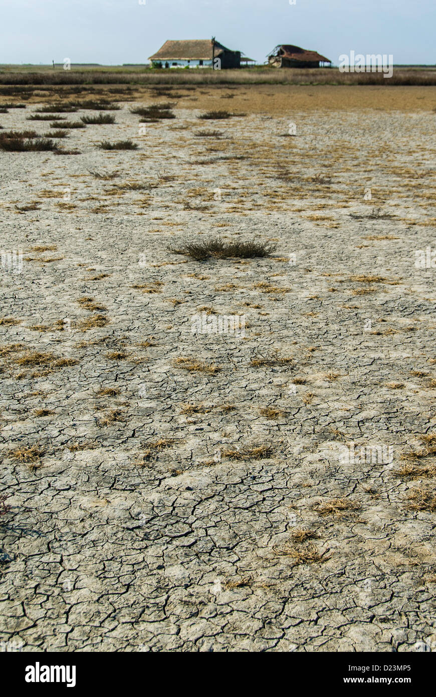 Farmhouse On Dry Landscape - Forsaken farm with parched soil and plants ...