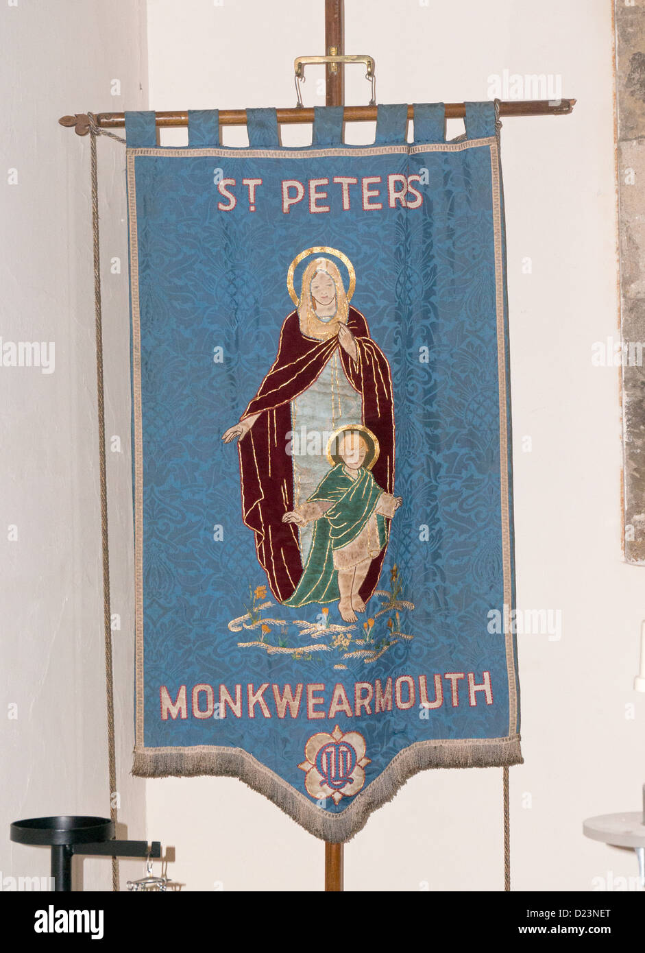 Embroidered religious banner within St Peter's church Sunderland north ...