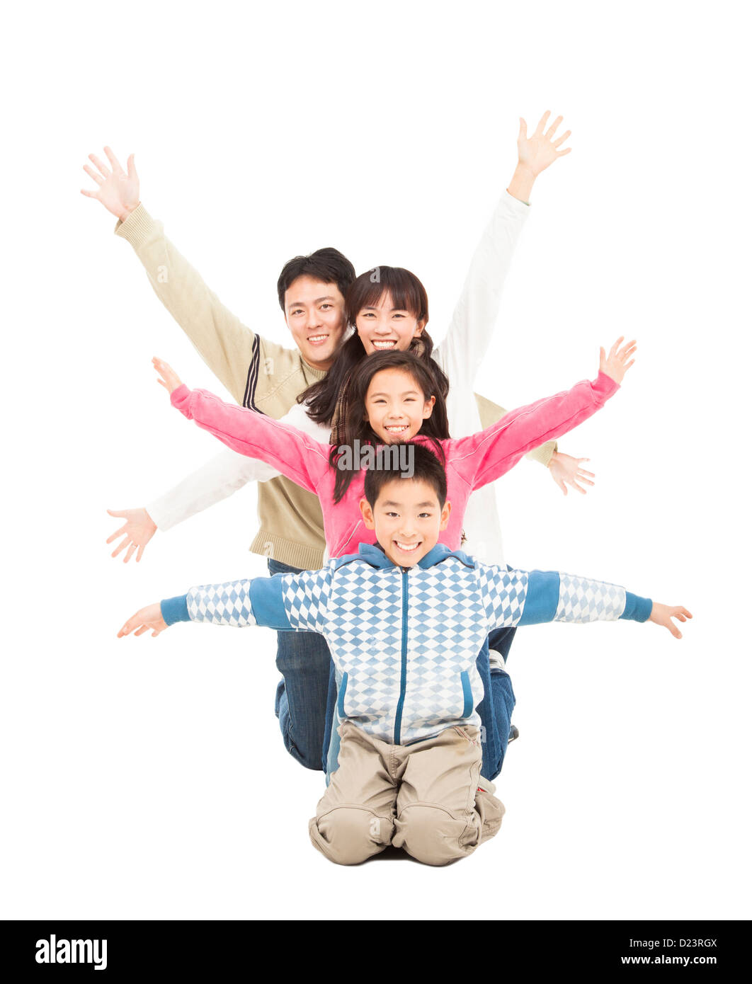 happy family rising hand Stock Photo - Alamy