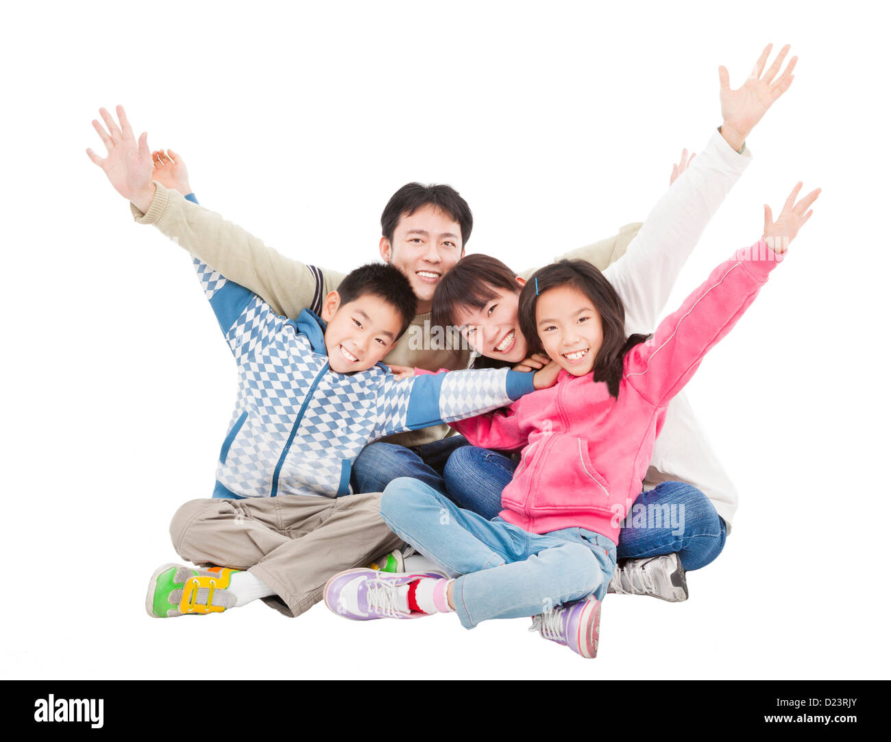 happy family sitting and rising hand Stock Photo - Alamy