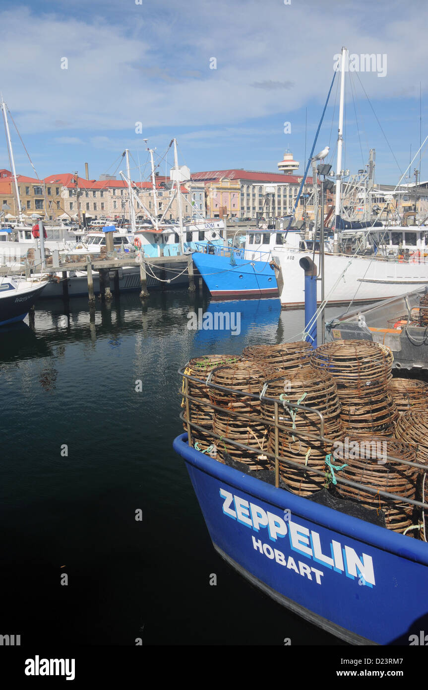 Commercial fishing boat (Zeppelin) full of lobster pots, Hobart ...