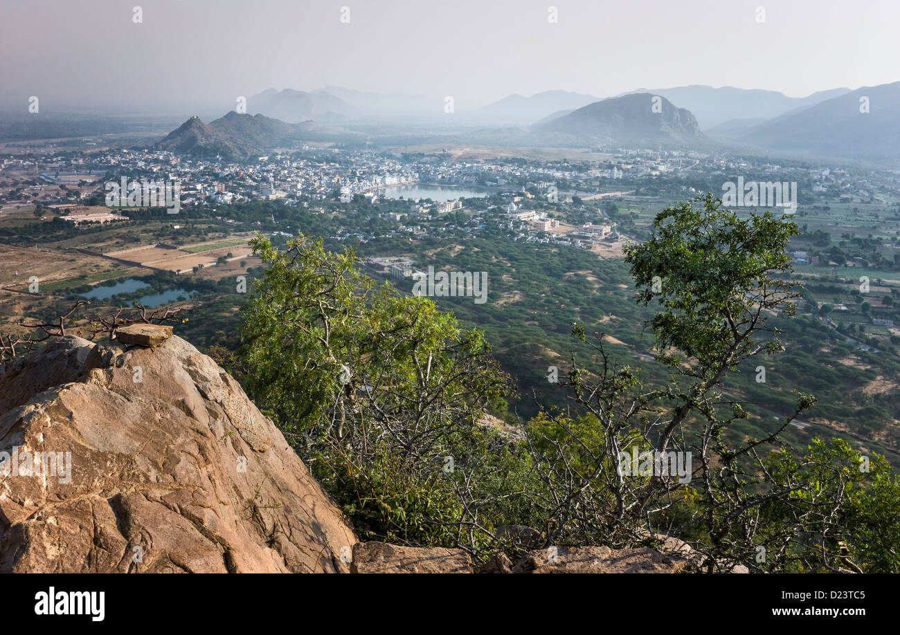 View of Pushkar town, Rajasthan, the holy lake for Hindus, and the ...