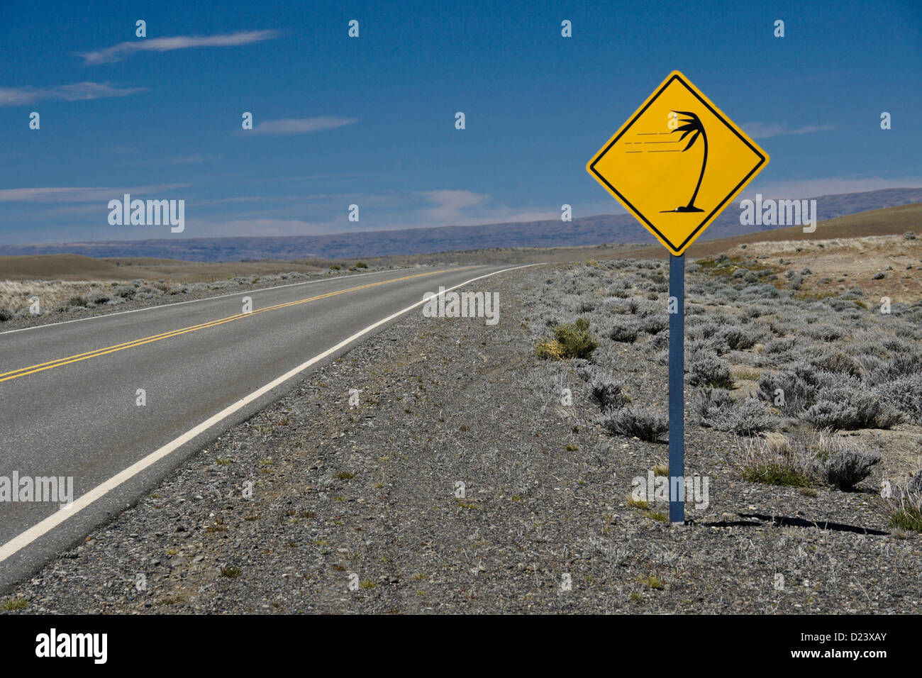 Road sign warning of strong wind, Patagonia, Argentina Stock Photo - Alamy