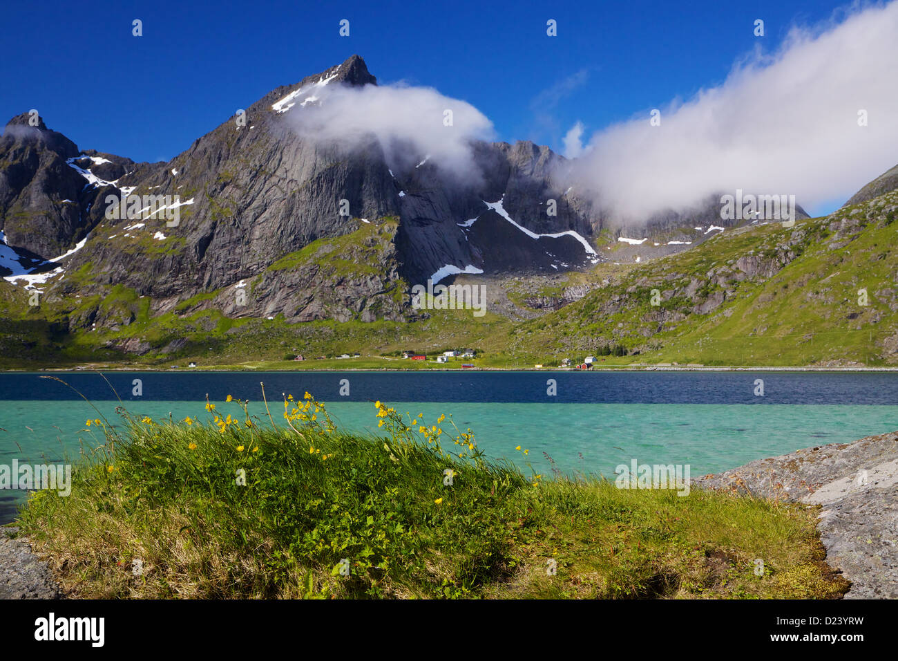 Sunny fjord on Lofoten islands in Norway during arctic summer Stock ...