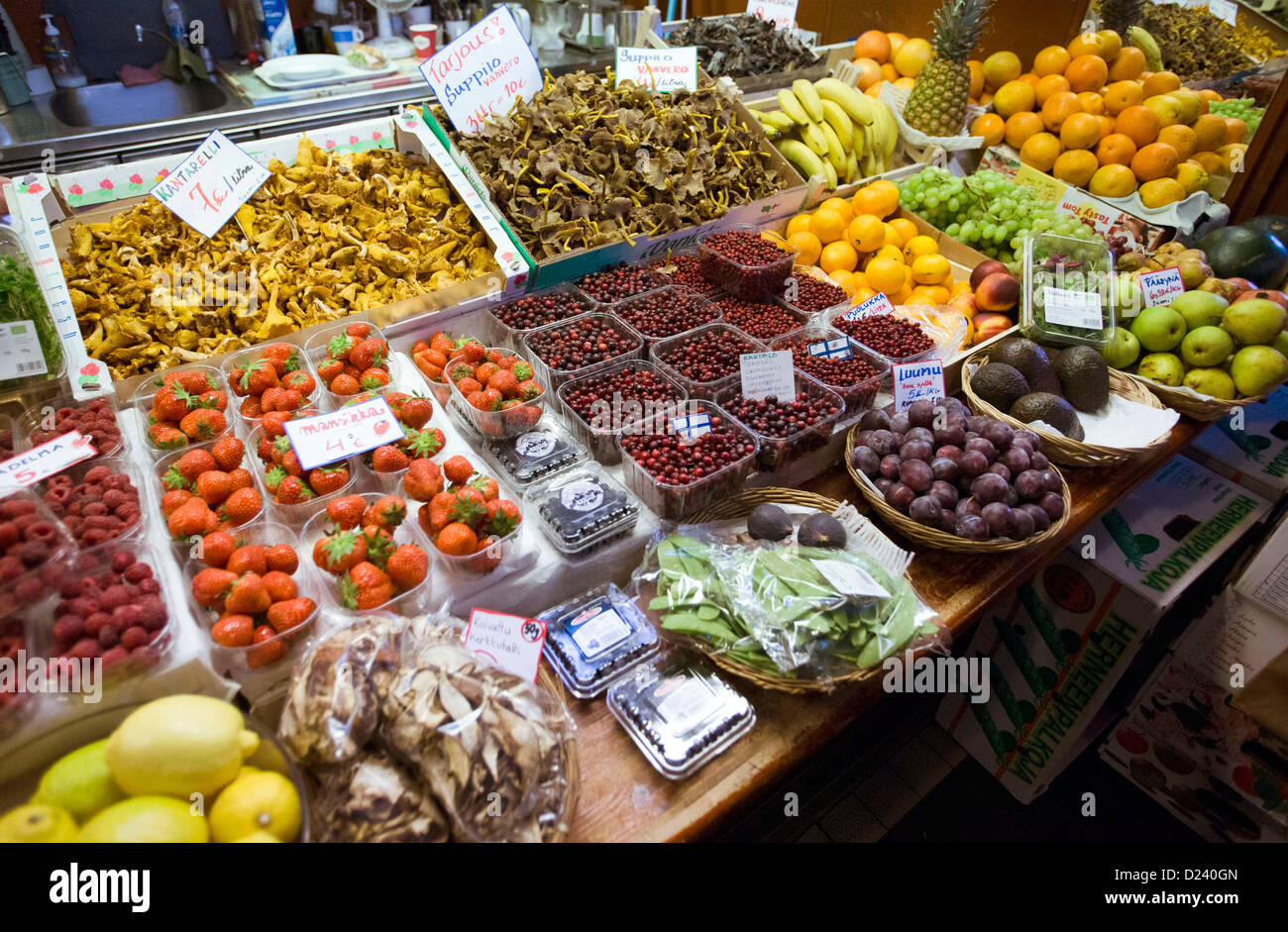 A stand with fruits and vegetables in the market hall in Helsinki ...