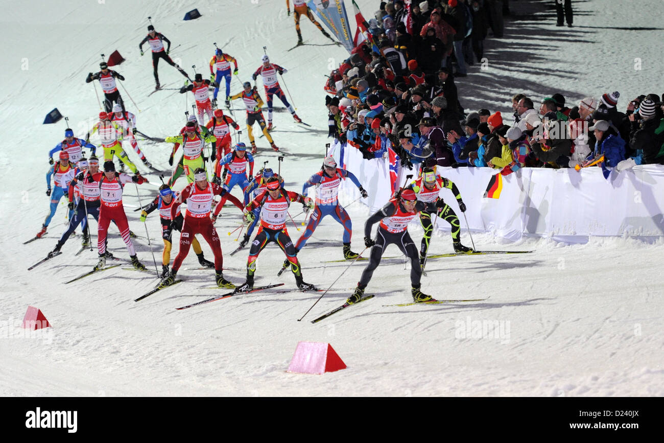 Biathletes in action during the 4 x 7.5 km relay at the Biathlon World ...