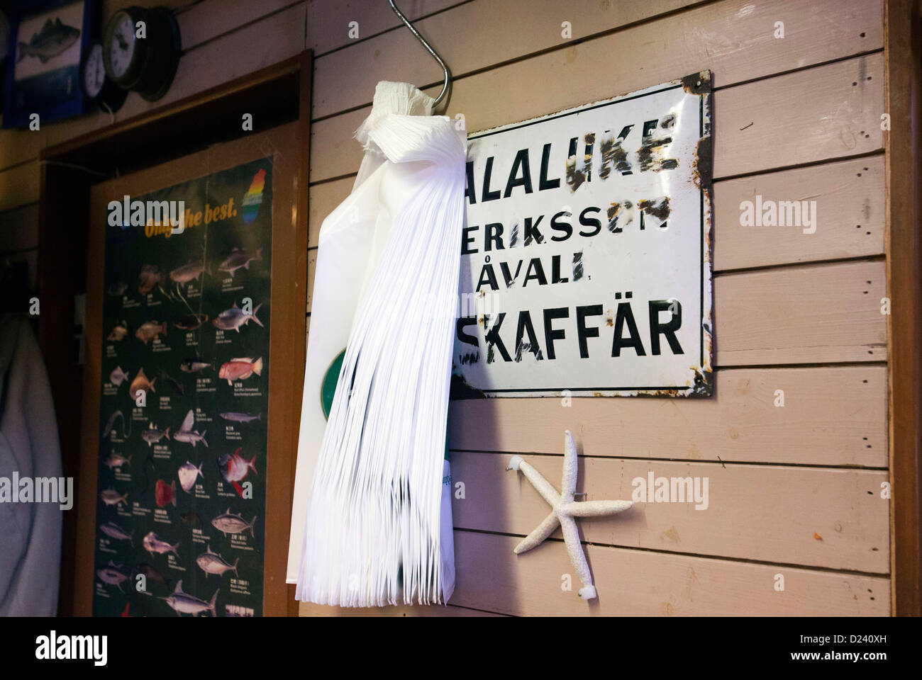 A stand with seafood in the market hall in Helsinki, Finland, 16 ...