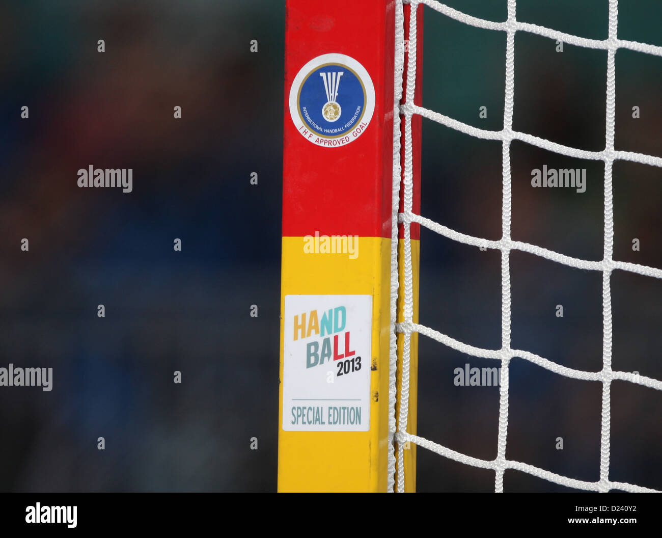 The logos of the competition and of the IHF are seen at a post during ...